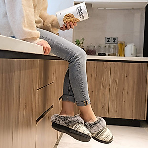 DL Women's House Slippers with Fuzzy Plush Faux Fur Collar, Memory Foam Slip on House Shoes with Indoor Outdoor Anti-Skid Rubber Sole, Grey/white, 7-8