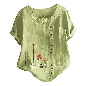 Bravetoshop Women's Short Sleeve Cotton Linen Floral Graphic Tee Tops Casual Summer T Shirts Comfy Plus Size Blouse (Green,L)