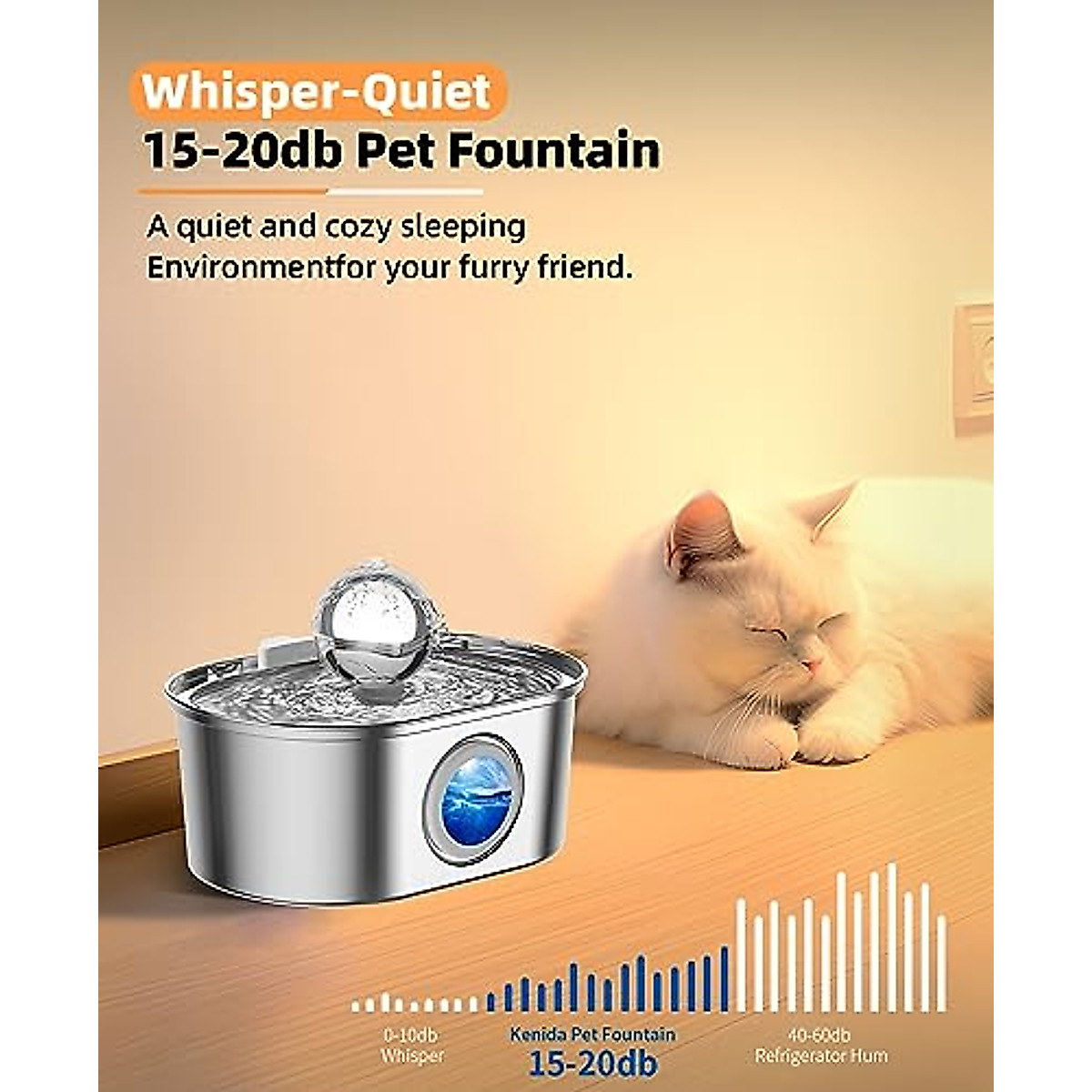Cat Water Fountain Stainless Steel, 3.2L/108oz Super Quiet Cat Fountains for Drinking Cat Fountain Water Bowl with Water Level Window and LED Light Automatic Pet Water Fountain for Cats Dogs