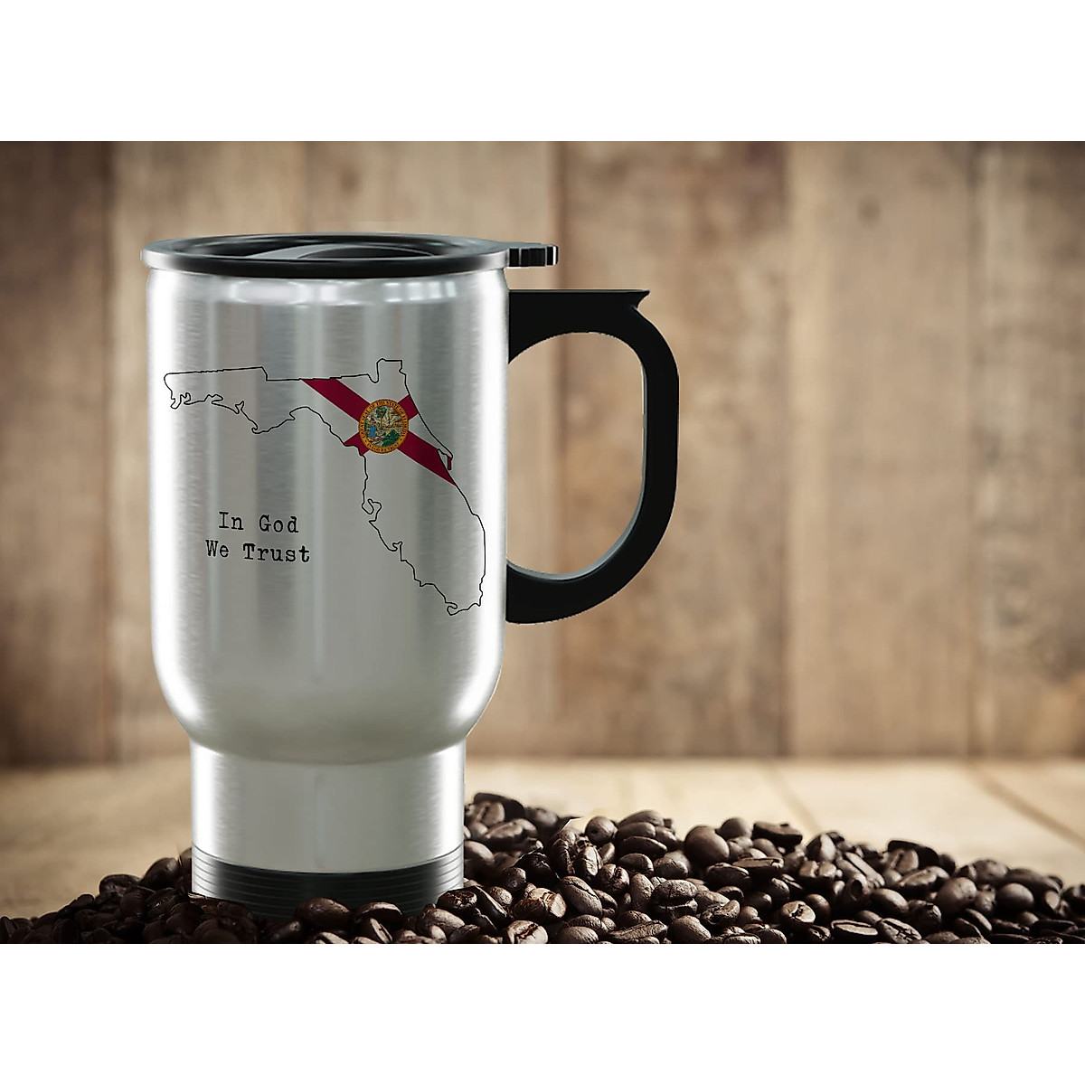 Florida In God We Trust Gifts and Souvenirs - Travel Mug with Handle and Lid - Florida Graduation Unique Drinkware - 14oz Travel Mug Steel - Best USA State Motto & Flag Gifts