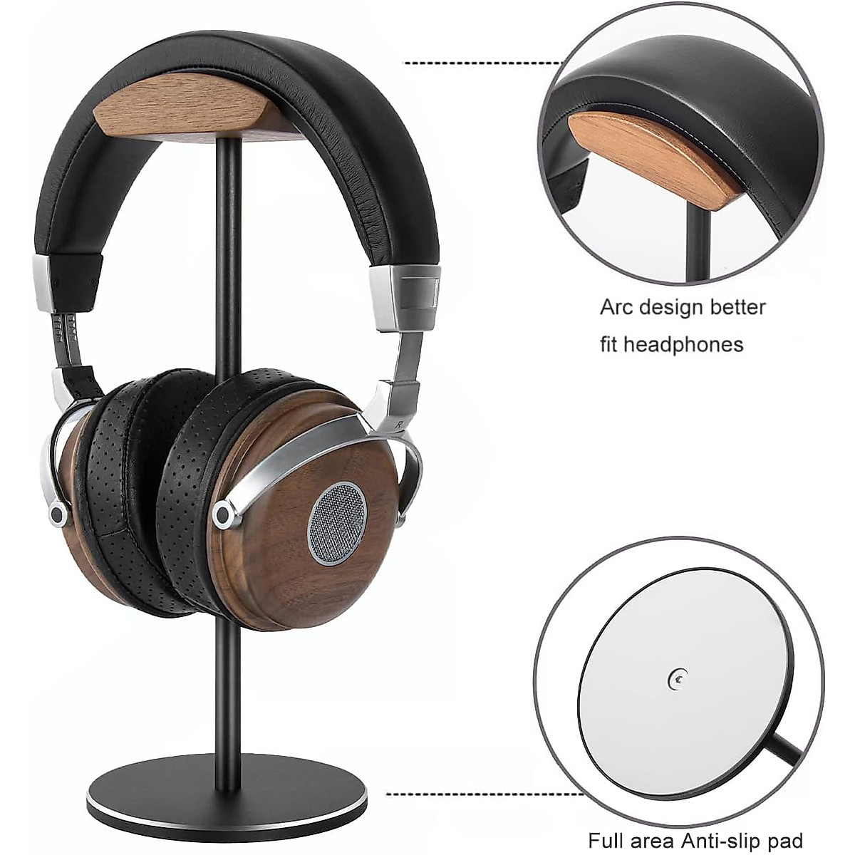 Jcurycke Headphone Stand Headset Holder with Walnut Wood Headrest,Gaming Headset Stand Earphone Stand with Solid Heavy Base for All Headphone Sizes