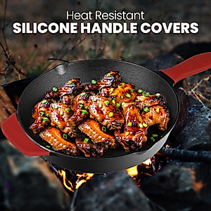 MeJOY 12 Inch Cast Iron Skillet, Heavy-Duty Cast Iron Pan Set With Handle Cover & Scraper, Pre-Seasoned Saute Fry Oven Safe Cookware For Home & Outdoor Cooking & Frying On Stove, Grill & Campfire