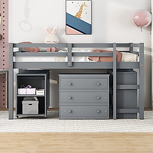 Bellemave Low Full Loft Bed with Desk and Dresser Wood Kids Loft Beds Frame with Cabinet & Storage Shelves & Rolling Portable Desk for Juniors, Teen, Boys, Girls, Full Size, Gray
