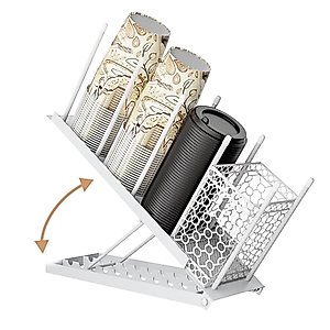 TOWEBOORY Cup and Lid Holder, Adjustable Coffee Cup Holder Organizer, 4 Compartment Cup Dispenser with Straw Storage Basket for Coffee Station Bar Countertop Breakroom Metal,White