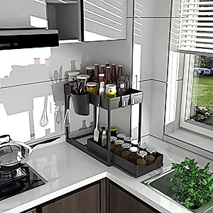 Bugdaben Under Sink Organizers and Storage - 2 Tier Sliding Under Sink Organizer with Dividers, 4 Hooks and 1 Hanging Cup, Multi-purpose Under Cabinet Organizer for Bathroom & Kitchen