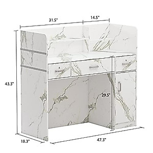 Homsee Modern Reception Desk with 3 Drawers, 1 Door Storage Cabinet & Hutch Shelf, Office Wooden Computer Desk, Writing Study Table PC Laptop Desk, White Marble (47.3" L x 18.3" W x 43.3" H)