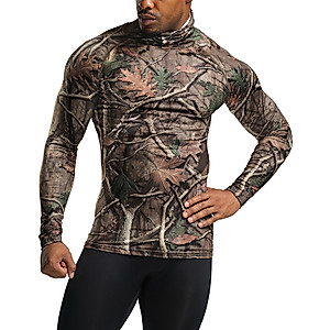TSLA Men's Thermal Long Sleeve Compression Shirts, Mock/Turtleneck Winter Sports Running Base Layer Top, Heatlock Face Mask Print Hunting Camo, X-Large