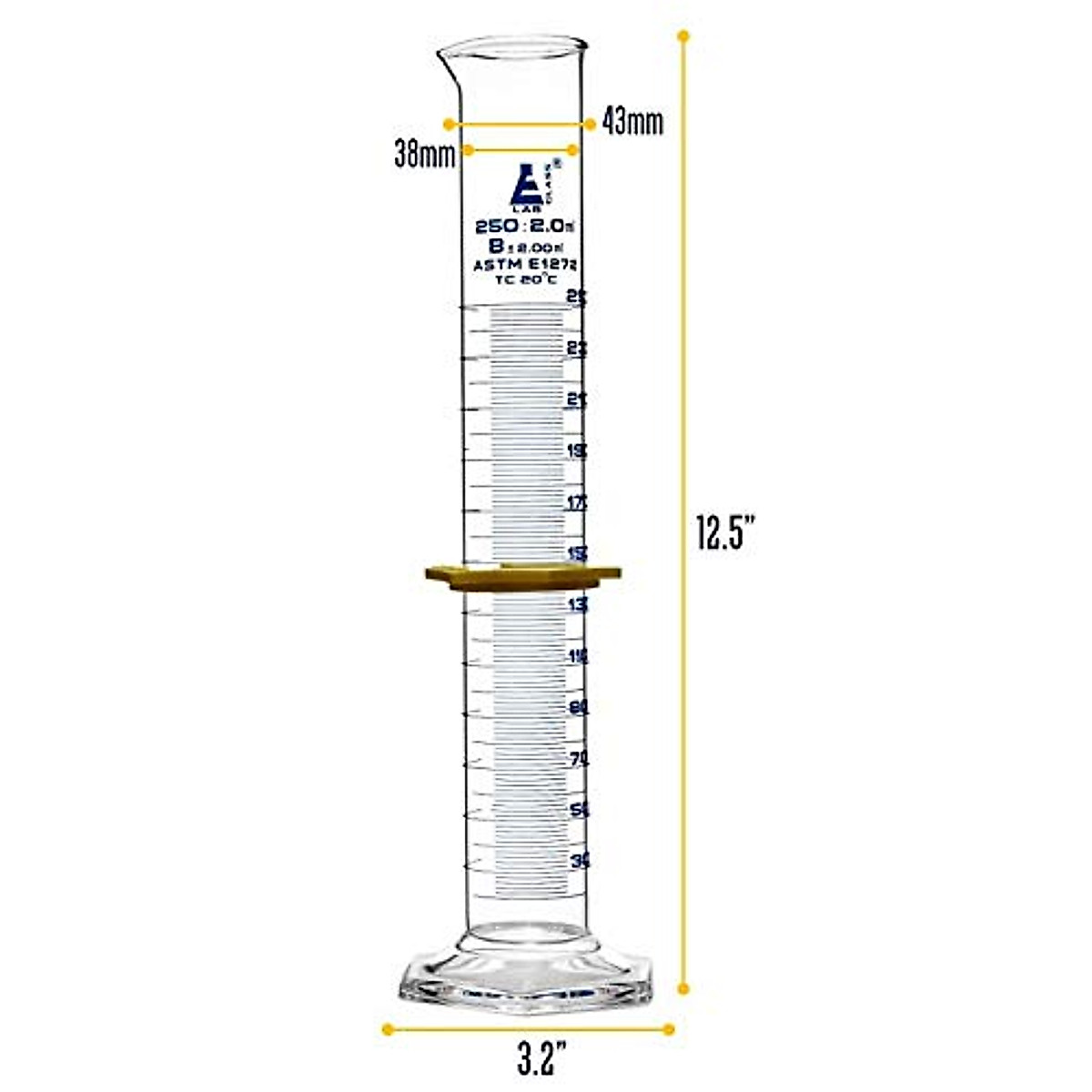 EISCO Graduated Cylinder, 250mL - ASTM, Class B Tolerance ±2.00mL Protective Collar, Hexagonal Base Blue Graduations Borosilicate 3.3 Glass- Eisco Labs