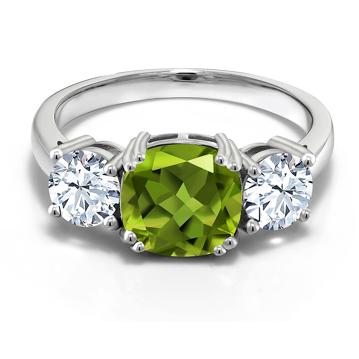 Gem Stone King 925 Sterling Silver Green Peridot and White Zirconia 3 Stone Engagement Ring For Women (3.95 Cttw, Gemstone August Birthstone, Cushion 8MM, Size 9)