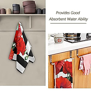 Red Poppy Hand Towels for Bathroom Set of 2 Black and White Striped Nature Botanical Floral Flowers Luxury Towels 16"x28" Soft Absorbent Bathroom Hand Towel for Face,Gym,Spa,Kitchen Dish Tea Towels