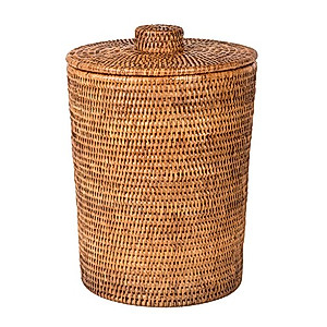 Kouboo La Jolla Rattan Round Plastic Insert & Lid, Large, Honey-Brown for Bedroom, Living Room and Bathroom Basket for Dry and Organic Waste
