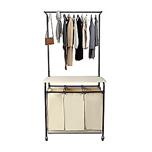MYOYAY 3 Section Laundry Sorter with Garment Hanging Bar Rack Foldable Ironing Board, Laundry Basket Organizer Heavy Duty Laundry Hamper Rolling Cart with Lockable Wheels and 3 Removable Bags