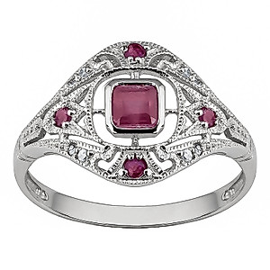 10k White Gold Vintage Style Genuine Ruby and Diamond Ring