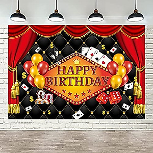 MEETSIOY Casino Birthday Backdrop Red Curtain Gold Tassel Photo Booth Card Chip Banner Decorated with Alaskan Party Photo Supplies 5x3ft RBJGJMT151