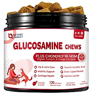 Glucosamine for Dogs, Joint Supplement for Dogs with Chondroitin, MSM, Omega-3, Hemp for Pain Relief, Hip and Joint Chews for Dogs with Calcium for Bone Health, 120 Soft Chews