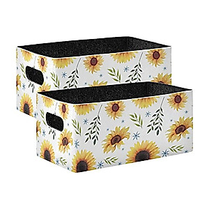 Qilmy Sunflower Storage Bin for Shelves Sturdy Storage Baskets Set of 2 Decorative Storage Bins Organization with Handles for Shelves,Closet,Nursery,Book,Toy