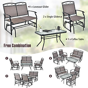 Giantex 4 PCS Outdoor Glider Chairs Set - Patio Furniture Set with Tempered Glass Table, Heavy-Duty Metal Frame, Gliding Rocking Chair, Conversation Set for Front Porch, Yard, Poolside (4 PCS, Brown)