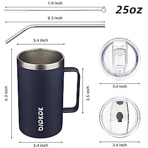 BJPKPK Insulated Coffee Mug with 2 Lids, 25oz Stainless Steel Insulated Tumbler with Handle, Double Wall Vacuum Coffee Cup, BPA Free Leak Proof Thermos for Travel & Home, Navy Blue