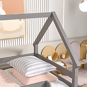 AnwickNomo Twin Over Twin Low Loft Bed, Wood Bunk Bed with House Shape and Full-Length Guardrail, Kids Bed for Boys Girls and Teens, Space-Saving, Solid Wood Frame, No Box Spring Needed (Grey)