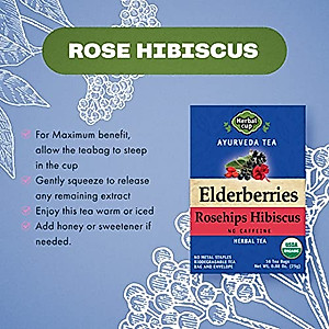 Herbal Cup Ayurveda Elderberries Tea, Organic Rosehips Hibiscus, No Caffeine Herbal Supplement (16 Count, Pack of 1)