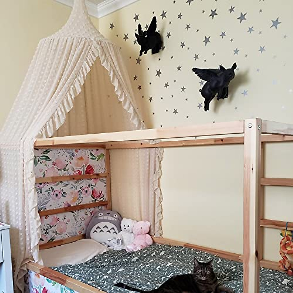 Kids Bed Canopy for Girls, Beige Crib Canopy Princess Hanging Children Canopy Tent, Toddler Girl Canopy Bed Netting for Baby Room Bedroom Reading Nook, Macrame Lace Boho Nursery Canopy with Pom Pom