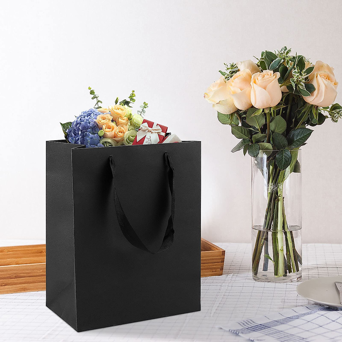 QIELSER 24 pcs Kraft Gift Bags Bulk Small Size 6.3x3.2x8.5 Inches, Black Kraft Paper Shopping Bags with Ribbon Handles, Party Favor Bags, Shopping Bags, Retail Bags, Wedding Bags