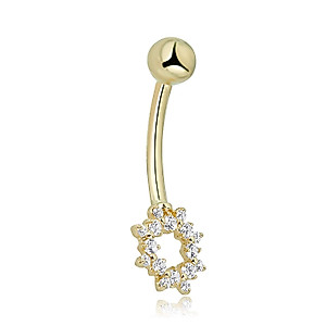 AVORA 10K Yellow Gold Simulated Diamond CZ Open Sunburst Belly Button Ring Body Jewelry (14 Gauge)