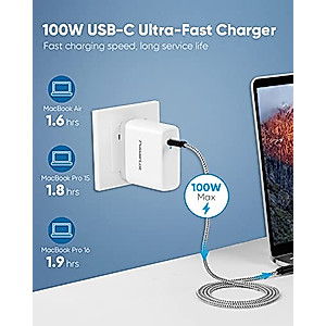 100W USB C Charger PowerLot Fast Wall Charger PD 3.0 GaN Type C Charging, Power Adapter with 5A 6ft Cable, Universal Charger Block for MacBook, iPad, iPhone 14, Pixel, Chromebook and USB-C Laptops