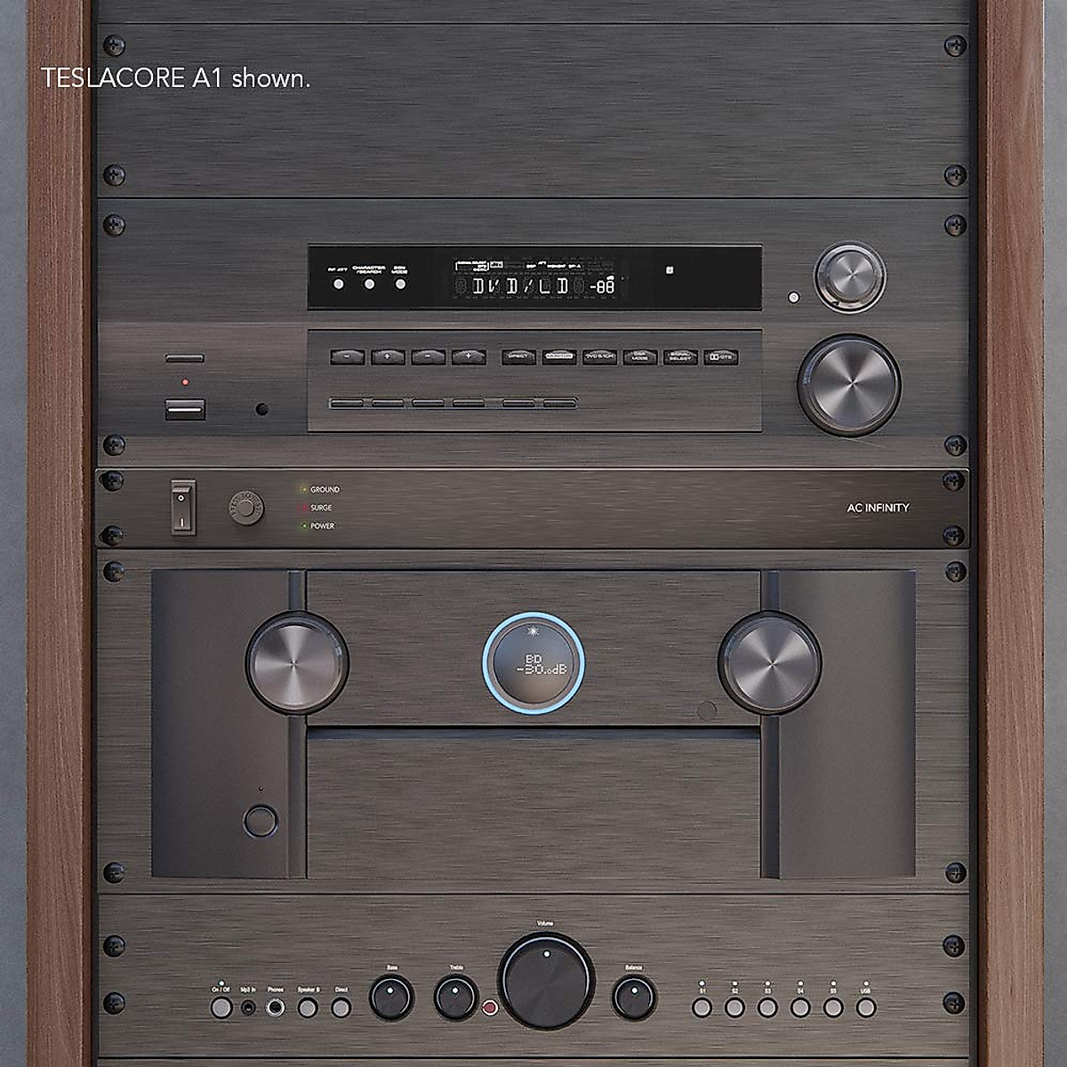 AC Infinity TESLACORE A2, Rackmount PDU with Surge Protector, 15A Circuit Breaker, 6 Front and 6 Rear Rear Outlets, 15ft Power Cord, for AV Equipment