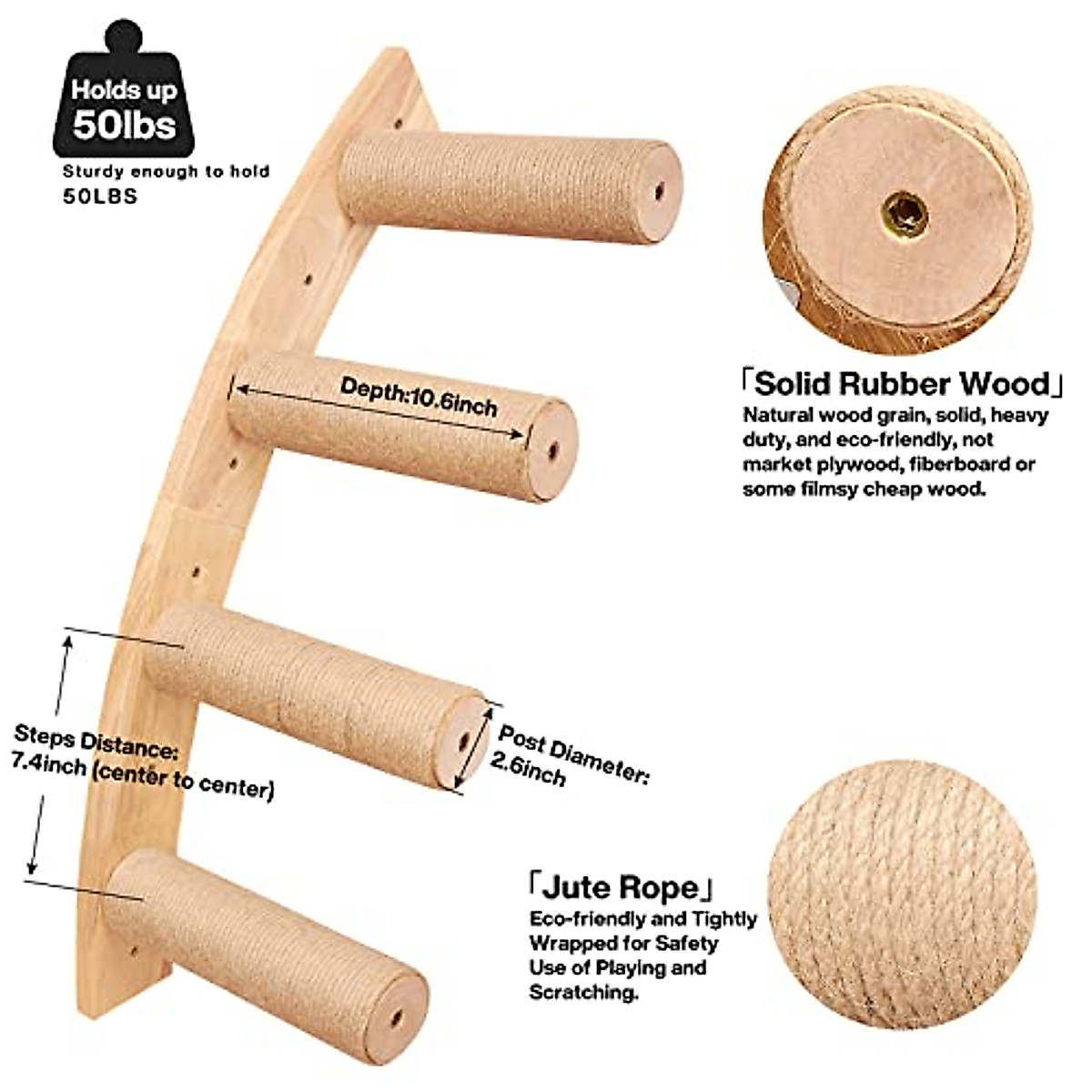 ESPETS Pack of 2 Large Cat Wall Stairs with Jute Rope Scratching Post Steps 6 in 1- Cat Wall Climbing Steps Walkways, Wall Mounted Floating Cat Shelves and Perches, Modern Cat Wall Furniture Indoor