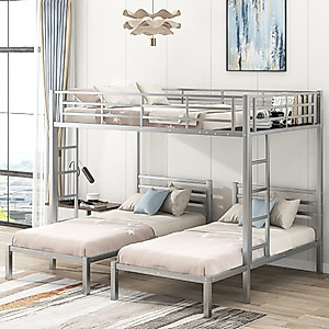RUNWON Meta L Shaped Triple Bed, Solid Full Over Twin&Twin Bunk Bedframe with Built-in Shelf and 2 Ladders for 3 Kids Teens