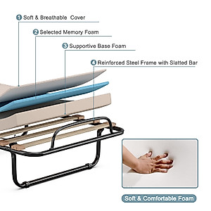 KOMFOTT Rollaway Bed with 4” Mattress, Folding Bed with Memory Foam Mattress for Adults, Portable Guest Bed with Sturdy Steel Frame, Made in Italy
