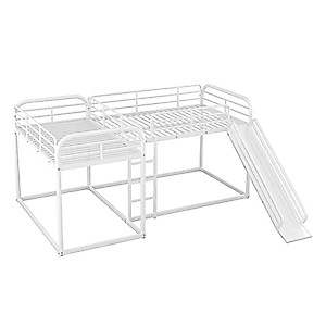 L-Shaped Bunk Bed for 4 Kids, Full and Twin Bunk Bed Frame with Slide, Short Ladder and Full-Length Guardrail, 4 in 1 Home Furniture Bedframe,Space Saving Design & No Box Spring Needed (White)