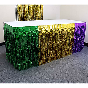 GIFTEXPRESS 2 Pack Mardi Gras Metallic Fringe Table Skirts, Mardi Gras Party Table Skirt (Gold Green Purple, 2-pack)