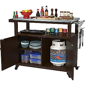 GDLF Outdoor Storage Cabinet Solid Wood Prep Grill Table with Stainless Steel Top Waterproof Cover Dark Brown