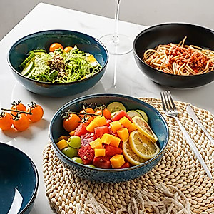 Selamica Ceramic 30 Ounce Large Pasta Bowls 8 inch Serving Bowls, Wide and Shallow Porcelain Bowls, Microwave Dishwasher Safe, Set of 4, Ceylon Blue(Glod rim)