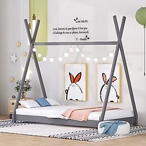Bellemave Twin House Beds Wood Toddler House Bed Frame Montessori Style Teepee Bed for Kids Boys Girls Teens, Gray