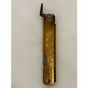 HIGO NO KAMI Higonokami Folding Knife 100mm – Blue Steel Damascus Pattern Blade with Wooden Box, Brass