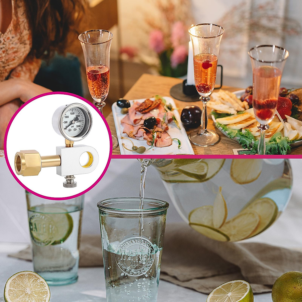 GURUDAR CO2 Cylinder CO2 Canister Refill Adapter with Pressure Gauge, CGA320 CO2 Tank to Pink Quick Connect Refill Station for Terra Art Gaia DUO Aqua Fizz Soda Maker Machine