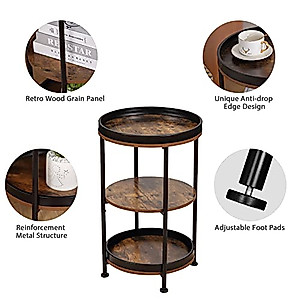 Dulcii Industrial Round End Table, 3 Tiers Round Side Table with Sturdy Metal Frame, Metal Round Sofa Table, Vintage Nightstand for Living Room Bedroom, Easy Assembly (Rustic Brown)