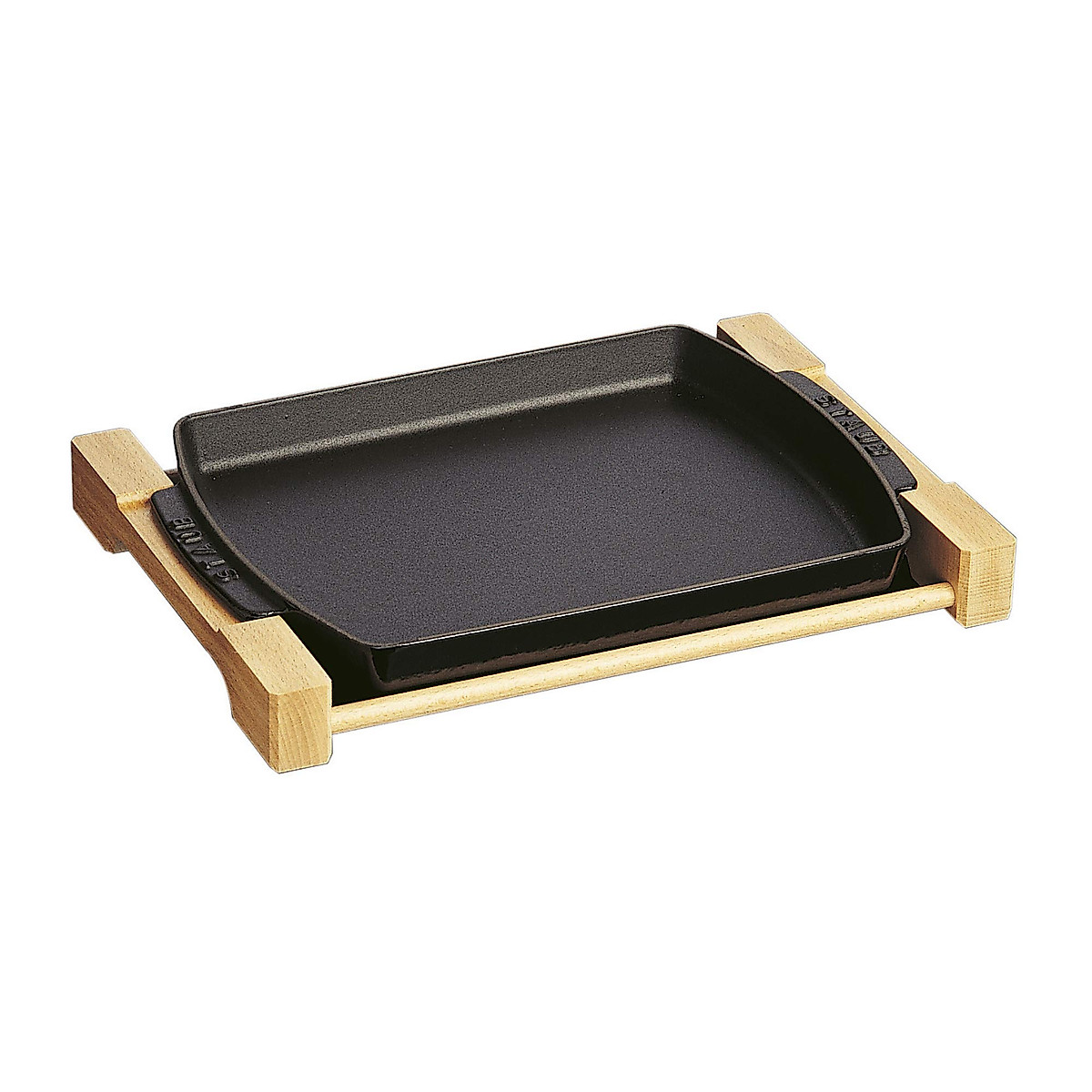 Staub Cast Iron 13 x 9-inch Rectangular Serving Dish with Wood Base - Matte Black, Made in France