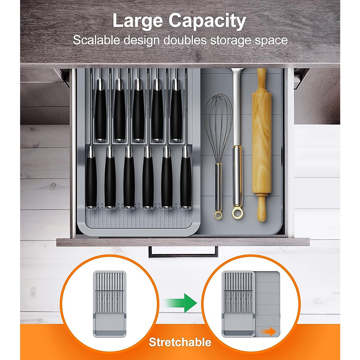 RISHTEN Kitchen Knife Drawer Organizer Grey, In Drawer Knife Block Holder with Expandable Cutlery Tray Compact Organization Drawer Storage Holds Up To 11 Knives (Including Hooks&Sponges)