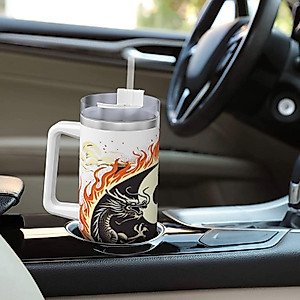 allgobee 40oz Stainless Steel Travel Mug With Handle,Yin Yang Chinese Dragon Insulated Coffee Tumbler With Lid And Straw