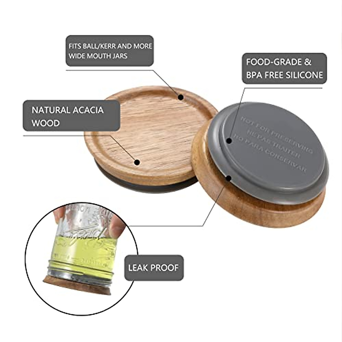 6 Pack Regular Mouth Wooden Storage Lids Set,Wooden Lids for Ball,Kerr Jars,Food Grade Material,100% Fit & Airtight for Regular Mouth Jars