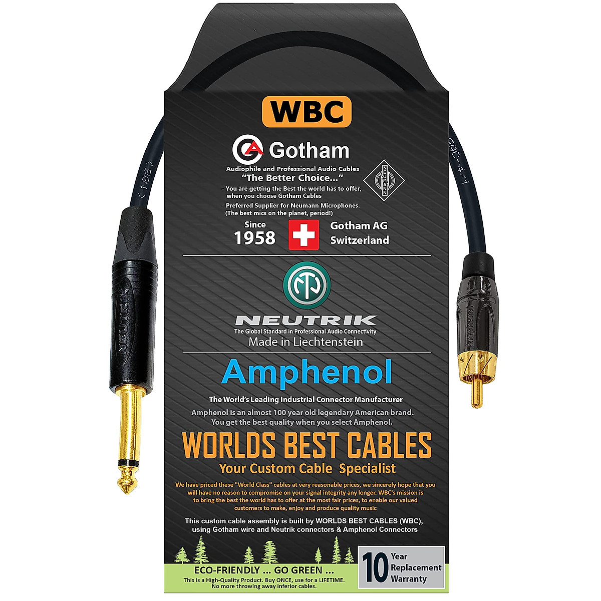 WORLDS BEST CABLES 0.5 Foot – TS to RCA Cable – Gotham GAC-4/1 (Black) Star-Quad Audio Interconnect Cable & Neutrik NP2X-B & Amphenol ACPL-CBK Gold Plugs - CUSTOM MADE