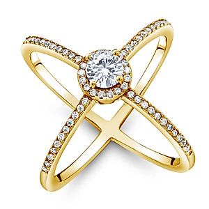Gem Stone King 18K Yellow Gold Plated Silver Criss Cross X Ring Set with Moissanite (1.32 Cttw) (Size 7)