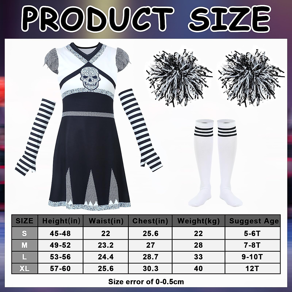 Haull 9 Pcs Cheerleader Costume for Girls Ra Ra Rebel Cheerleader Costume Outfits for Halloween Cosplay Dress up(4-6 Years)