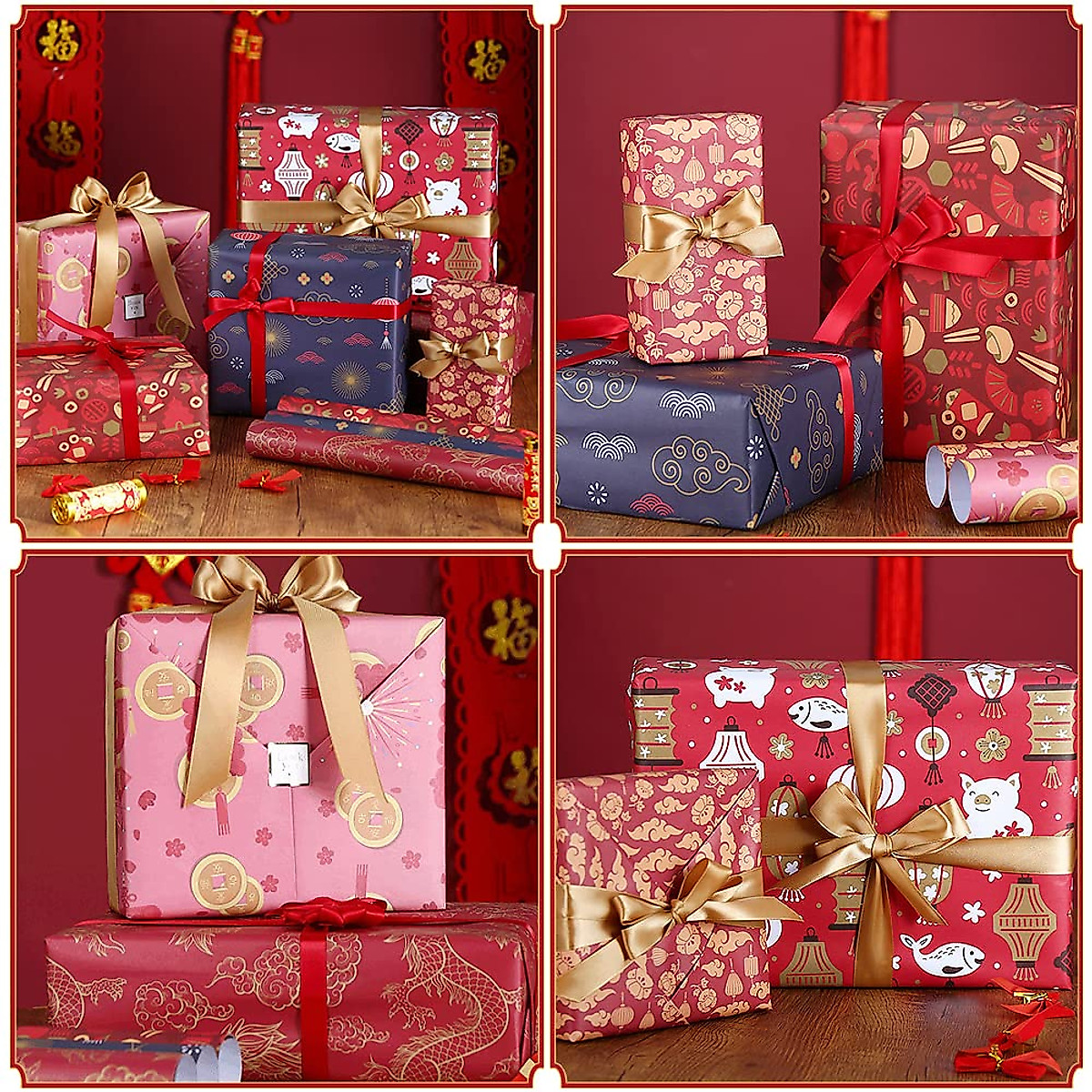 Gift Birthday Wrapping Paper Eastern China Theme For Mom Dad Boys Girls Friends, 20x28" Per Sheet(6 sheets:23 sq.ft.ttl.) Red Gift Wrap for Chinese Lunar New Year 2022 Spring Festival Wedding Baby Shower Christmas