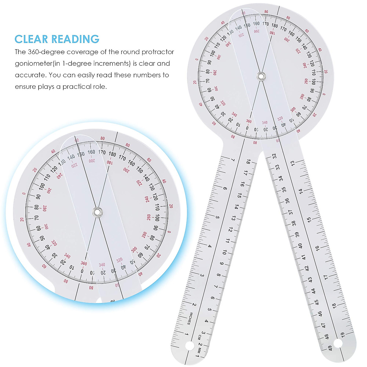 Goniometer Set 3 Pieces of 6/8/12 Inch Occupational Physical Therapy Protractor Tool Measurement Angle Ruler Kit Plastic 360 Degree Universal