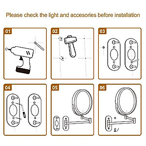 Rechargeable Lighted Makeup Mirror Wall Mount, Extendable Double Side Vanity Mirror with 10X Magnification 3 Color Lights 8 Inch Bathroom Mirror Nickel